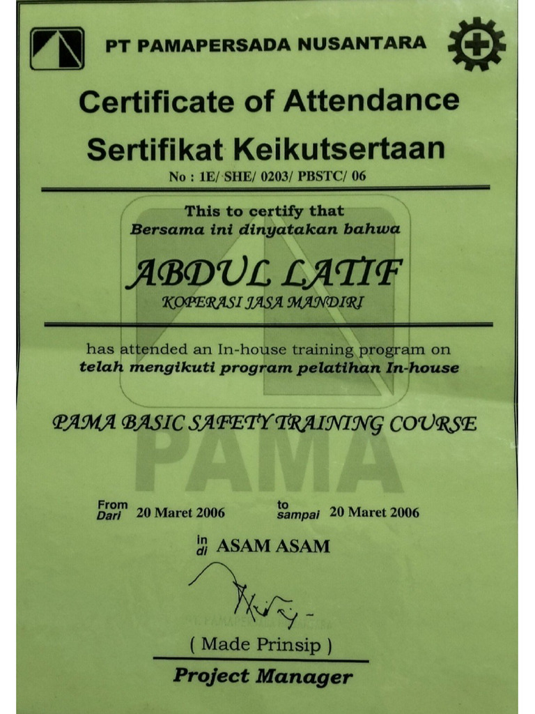 Sertifikat Training Dari PAMA | PDF