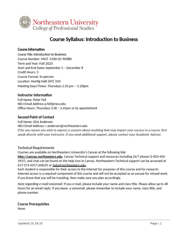 Introduction To Business MGT1100.90080 Fall 2023 | PDF | Learning ...