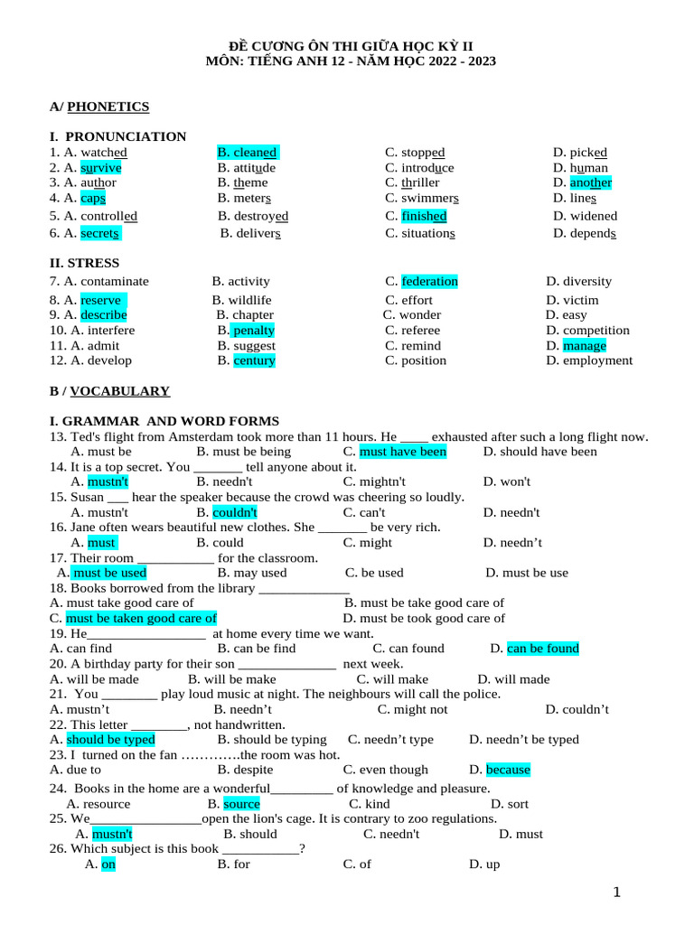 DE-CUONG-12-GIỮA-HKII-2023 | PDF | Infection