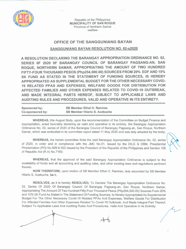 MUN. RESOLUTION NO.62 s2020 | PDF