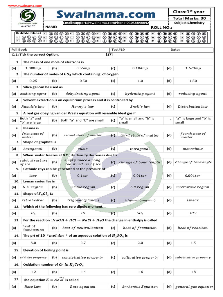 T19 Question Paper Class 11 Chemistry First Half Book | PDF | Salt ...