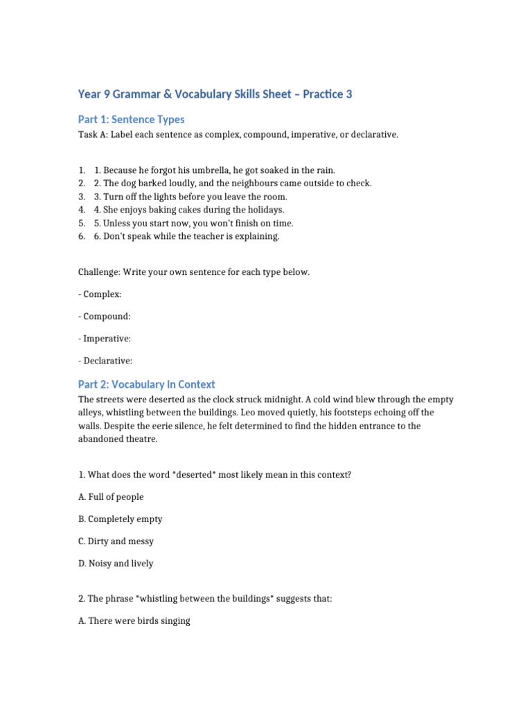 Year 9 Grammar Vocabulary Practice 3 | PDF