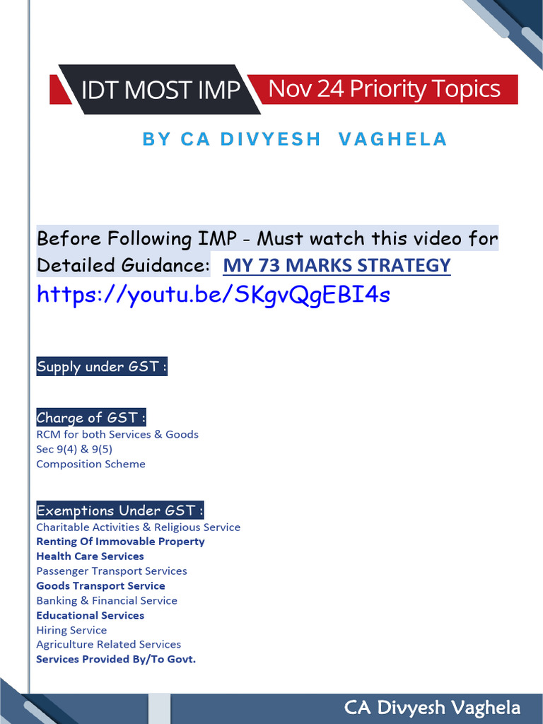 IDT Nov 24 Important Topics @divyesh - Vaghela | PDF | Taxes | Payments
