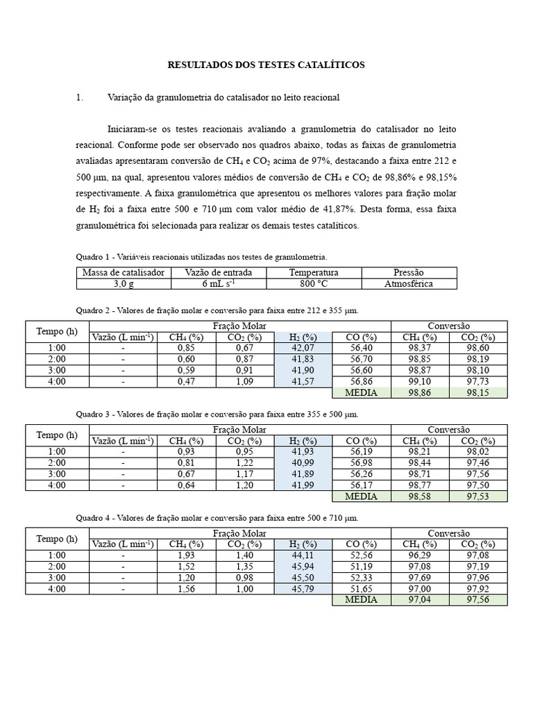Testes Catalíticos: Granulometria e Pressão | PDF | Engenharia de ...