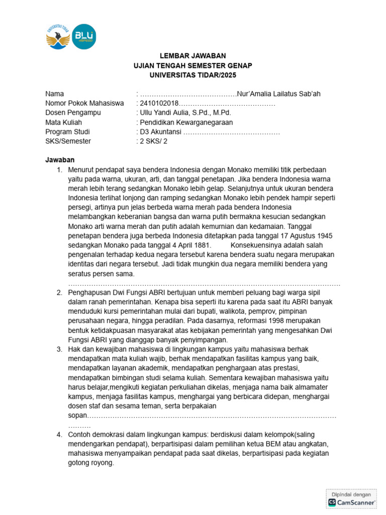 Template Lembar Jawaban_UTS_Pendidikan K | PDF