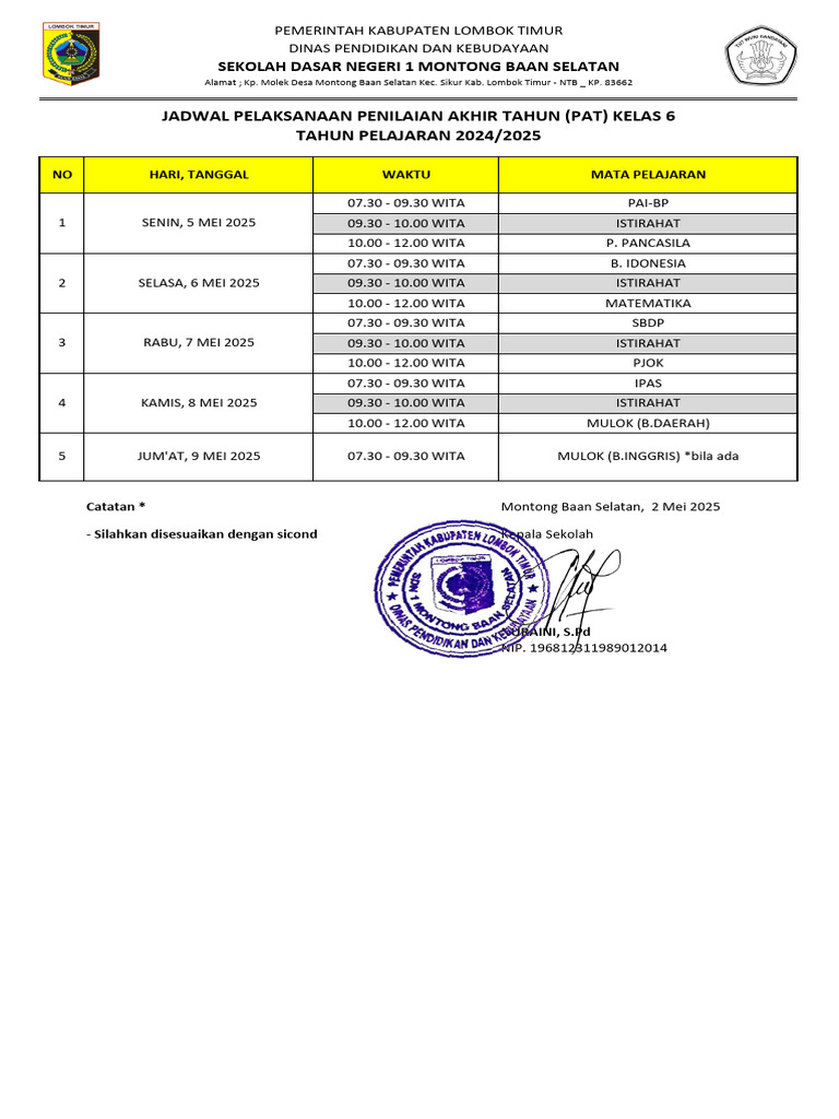 Jadwal Pelaksanaan Pat 2024-2025 | PDF