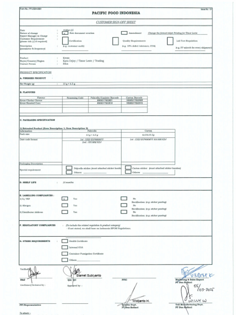 Customer Sign Off Sheet Krezo (Kurang TTD PPIC) | PDF
