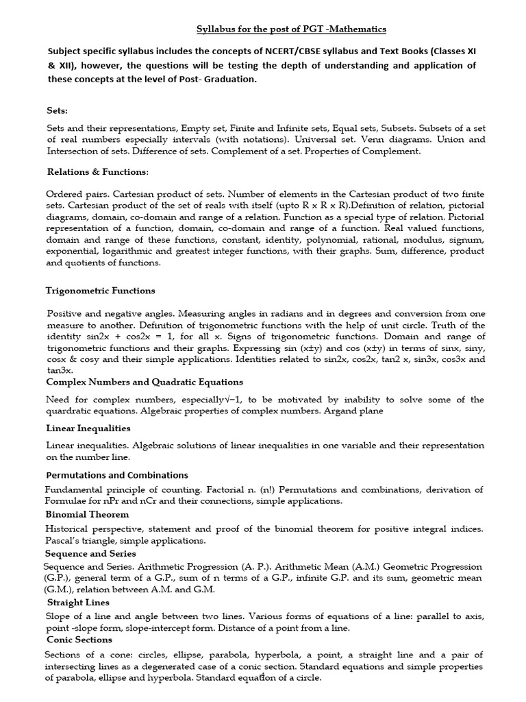 AWES PGT Maths Syllabus 2024 | PDF | Matrix (Mathematics) | Function (Mathematics)