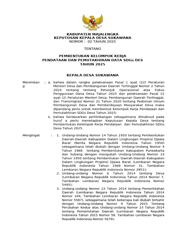 SK POKJA PENDATAAN DAN PEMUTAKHIRAN SDGs DESA 2025 | PDF