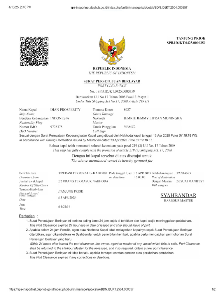 Spb-Mv. Dian Prosperity | PDF