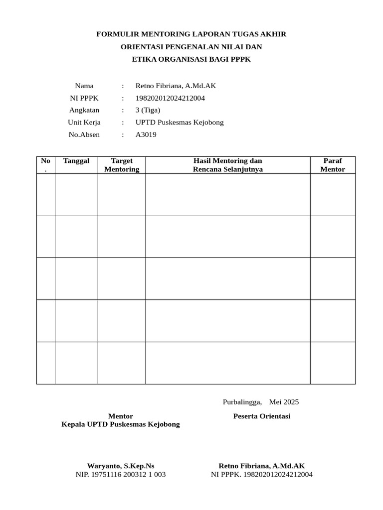Retno Formulir Mentoring Laporan Tugas Akhir | PDF