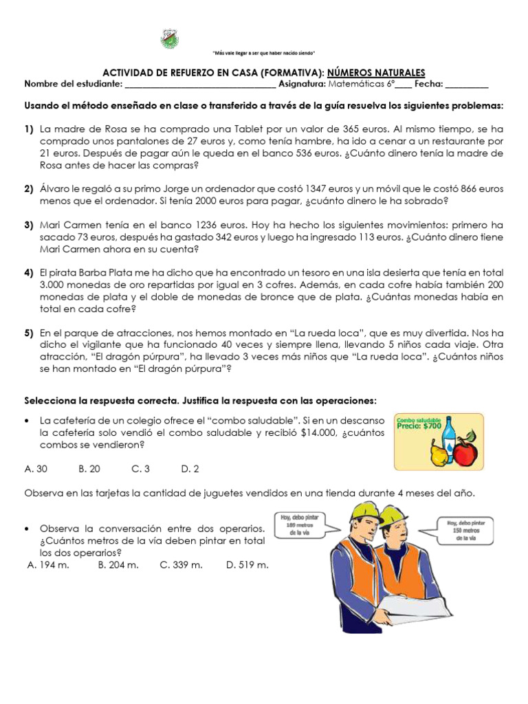 Actividad Refuerzo En Casa Números Naturales 2 Mat6 P 1 2025 Pdf Euro