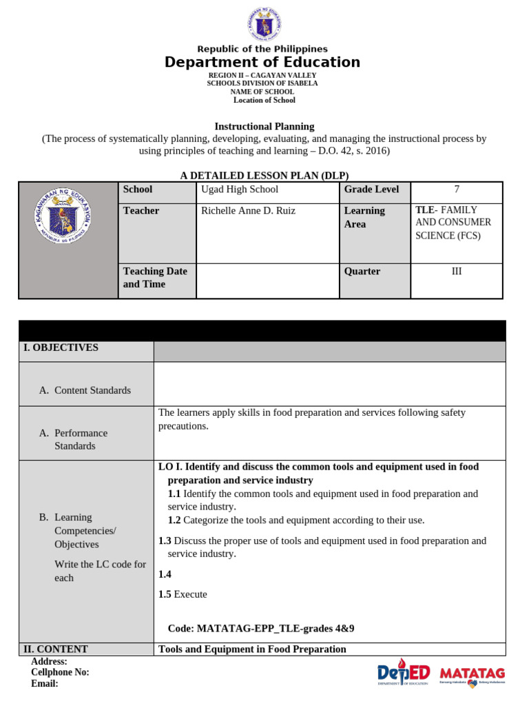 Grade 7 Lesson Plan: Food Prep Tools | PDF | Lesson Plan | Learning