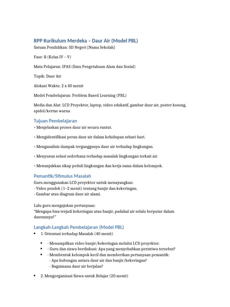 RPP Kurikulum Merdeka Daur Air PBL | PDF