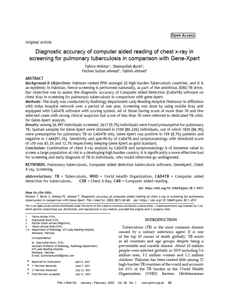 Diagnostic Accuracy of Computer Aided Reading of Chest X-Ray in ...