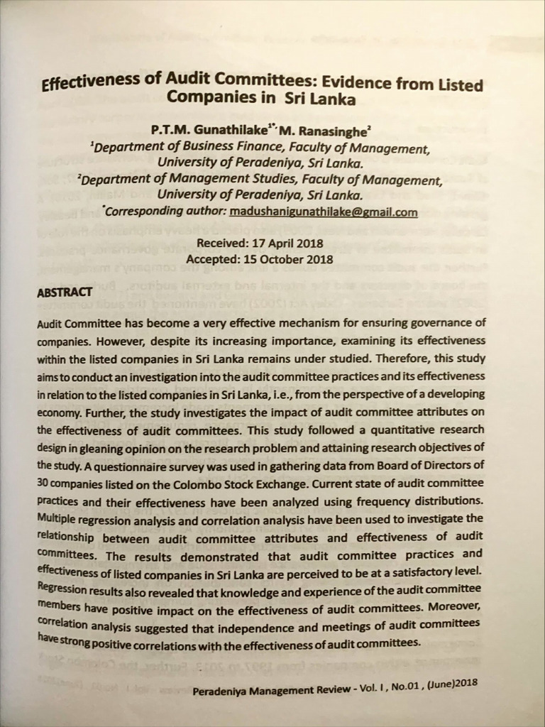 2018 Gunathilake, P.T.M. and Ranasinghe, M. (2018) - Effectiveness of Audit Committees V2 | PDF