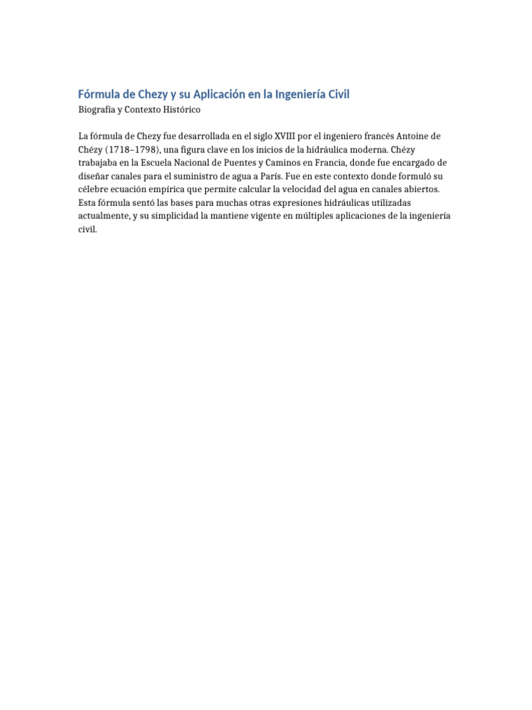 Aplicaciones de la Fórmula de Chezy en Ingeniería | PDF
