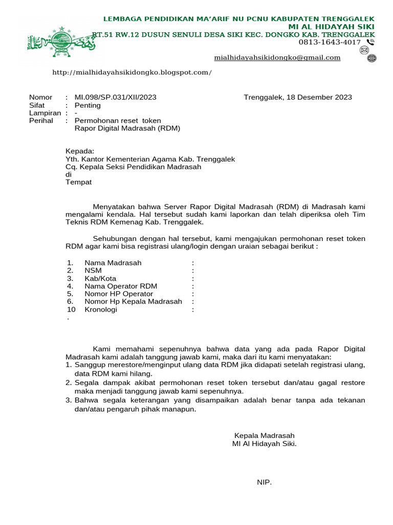Template Permohonan Reset Token RDM | PDF