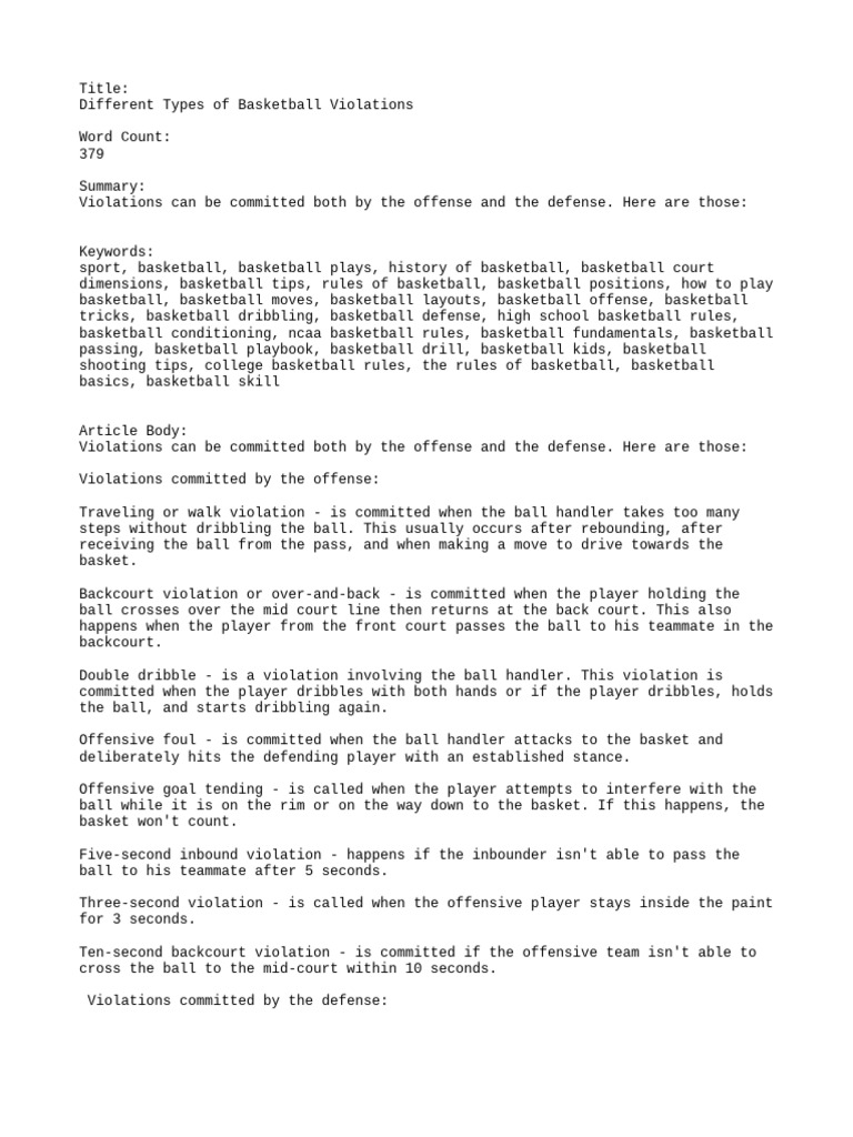 Different Types of Basketball Violations | PDF | Basketball Positions ...