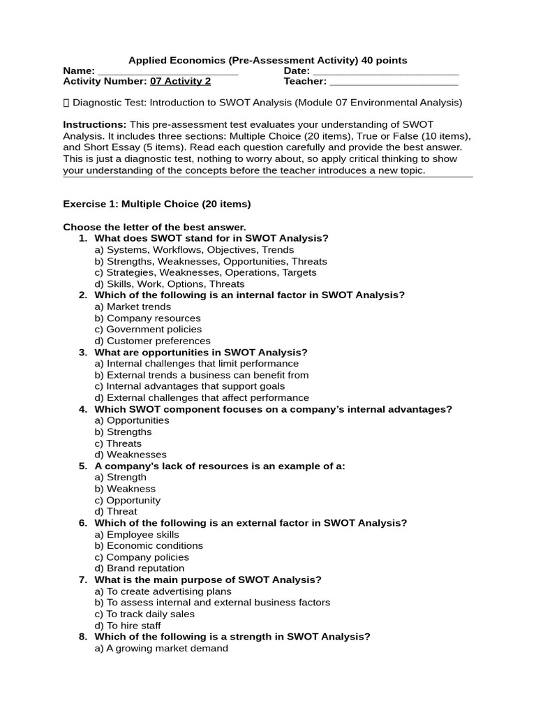 SWOT Analysis Pre-Assessment Test | PDF | Swot Analysis | Business