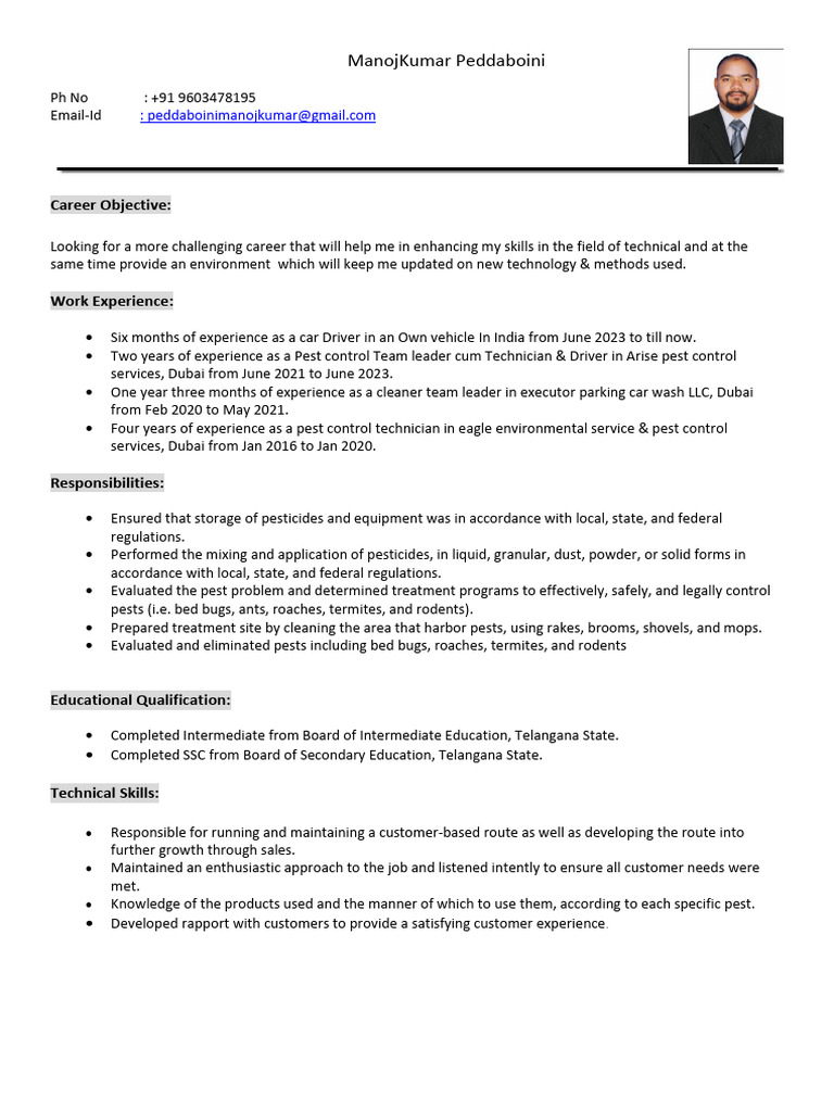 Resume Manoj Kumar Peddaboini | PDF | Pest Control