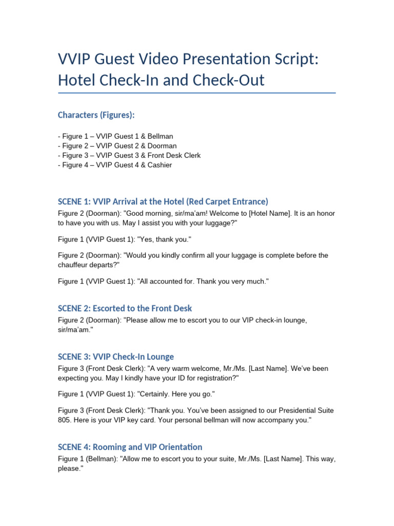 VVIP Hotel Check-In Check-Out Script | PDF