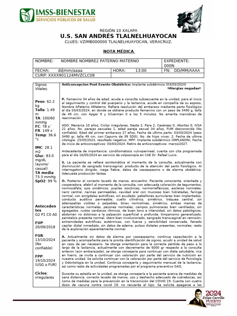 Ejemplo de Nota Medica de Puerperio | PDF | Ciencias de la Salud ...