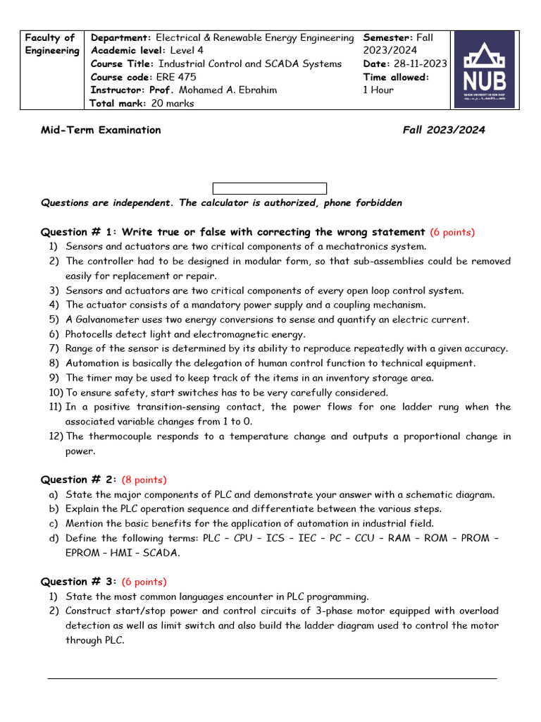 Mid-Term Exam: Industrial Control Systems | PDF | Programmable Logic ...