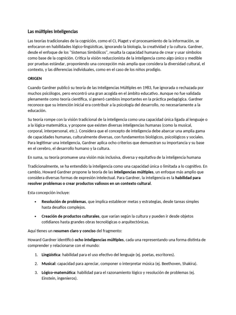 Las Multiples Inteligencias Resumen | PDF | Inteligencia | Sicología