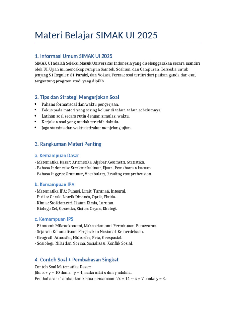 Materi SIMAK UI 2025 dan Strategi Ujian | PDF