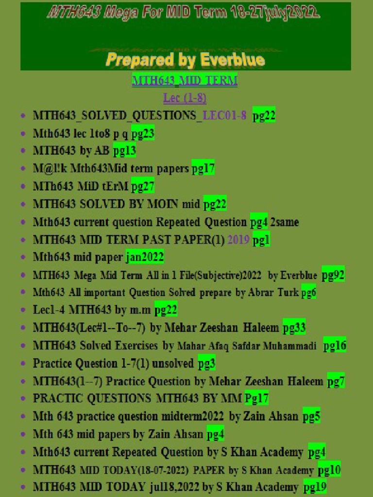 MTH643 MidTerm Mega All in 1 File Till 31 July22 - 1 | PDF | Equations | Function (Mathematics)