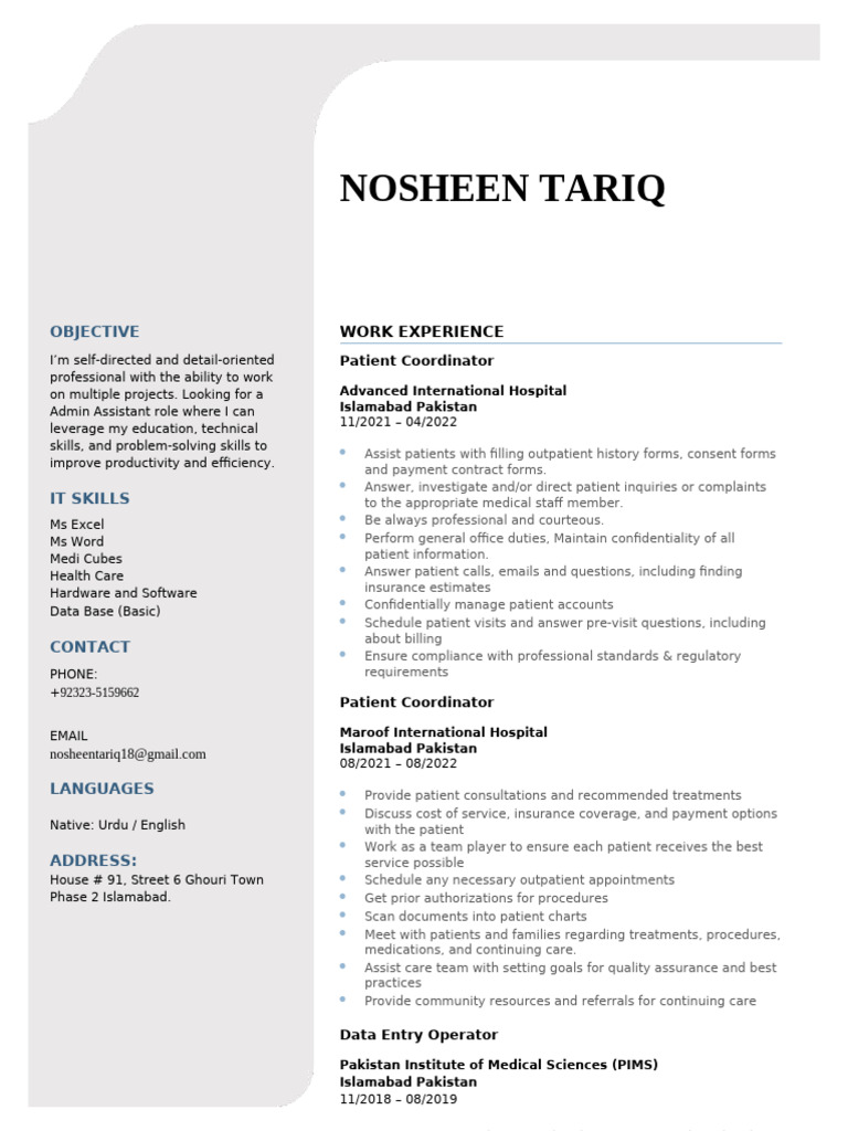 Nosheen Tariq Updated Resume | PDF | Patient | Health Care