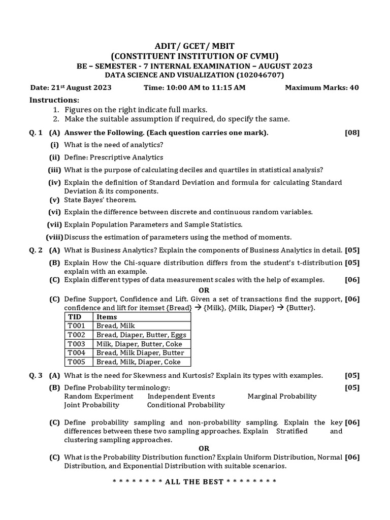 DSV - CVMU - FET - UG - QP For Mid Semester Exam | PDF | Probability Distribution | Sampling ...