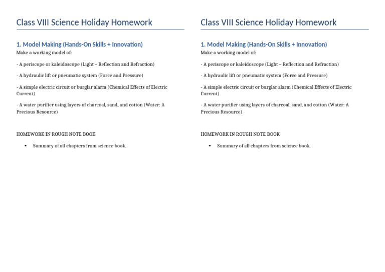 Class VIII Science Holiday Homework | PDF