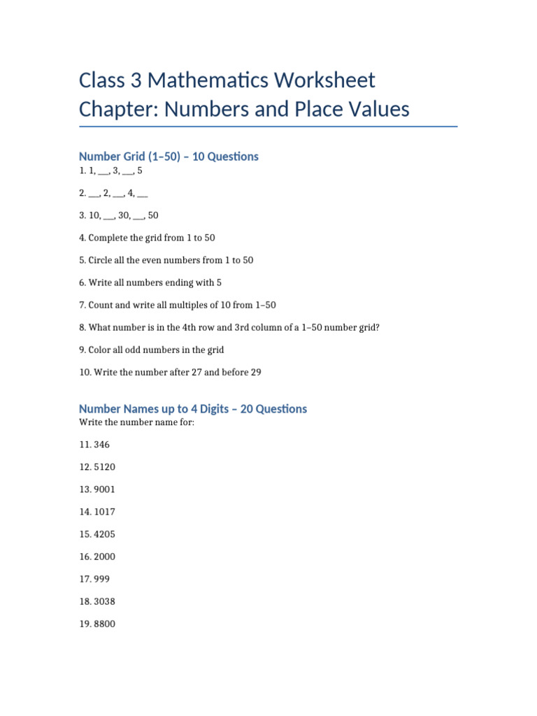 Class 3 Place Value Worksheet | PDF | Numbers | Mathematics