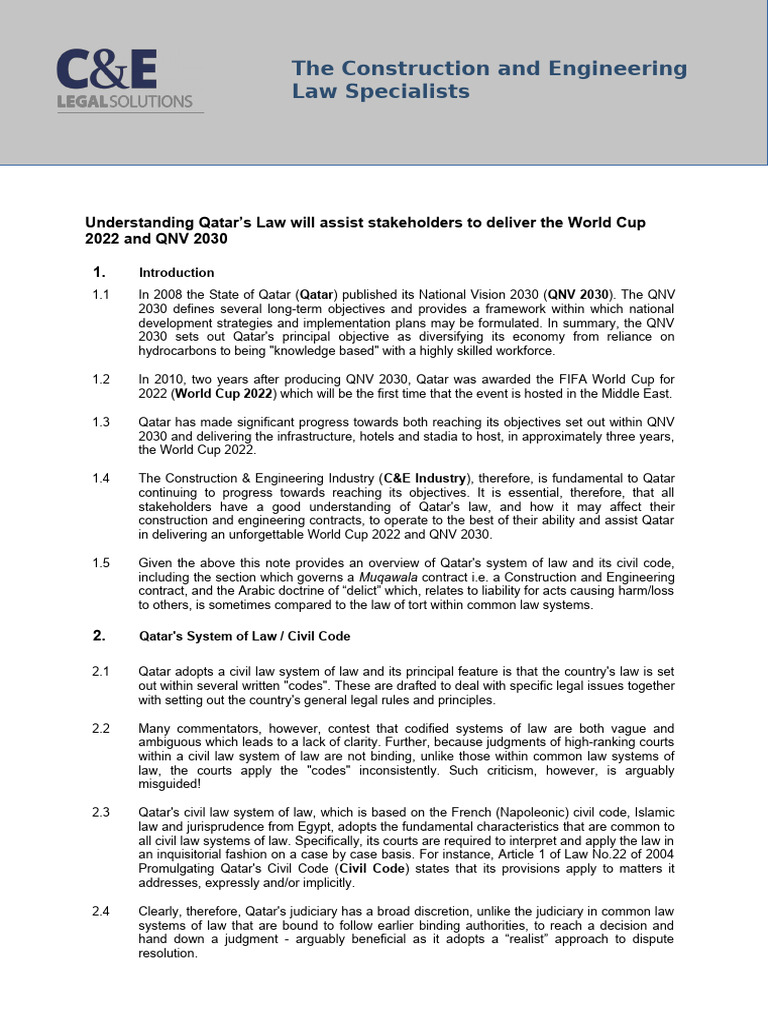 Qatar Civil Code for Construction Stakeholders | PDF | Civil Law (Legal ...