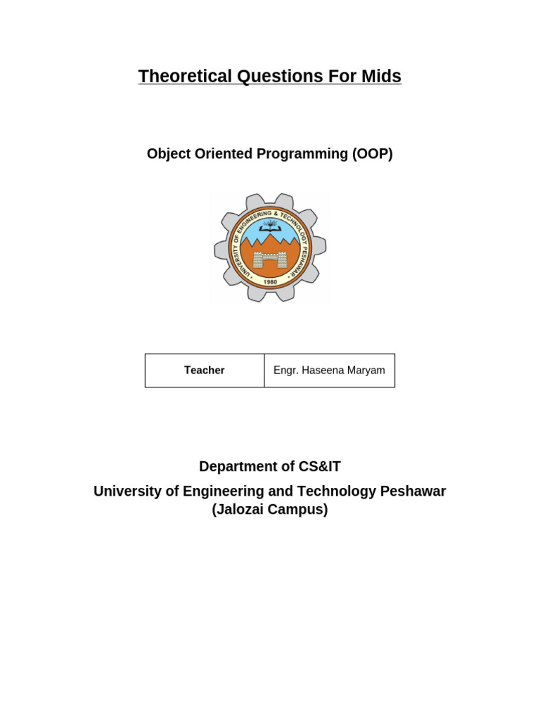 Theory Questions Solutions OOP part 1 by Engr.Haseena Maryam | PDF | Programming | Constructor ...