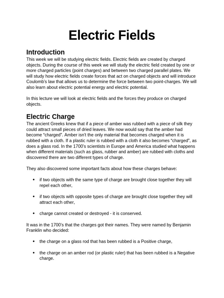 Week 15 Lesson 1 Electric Fields And Forces Notes Pdf Electric