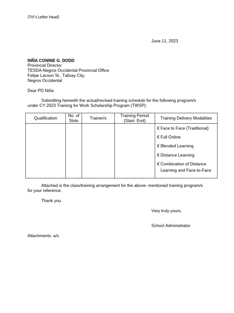 Actual Training Schedule Sample Template | PDF