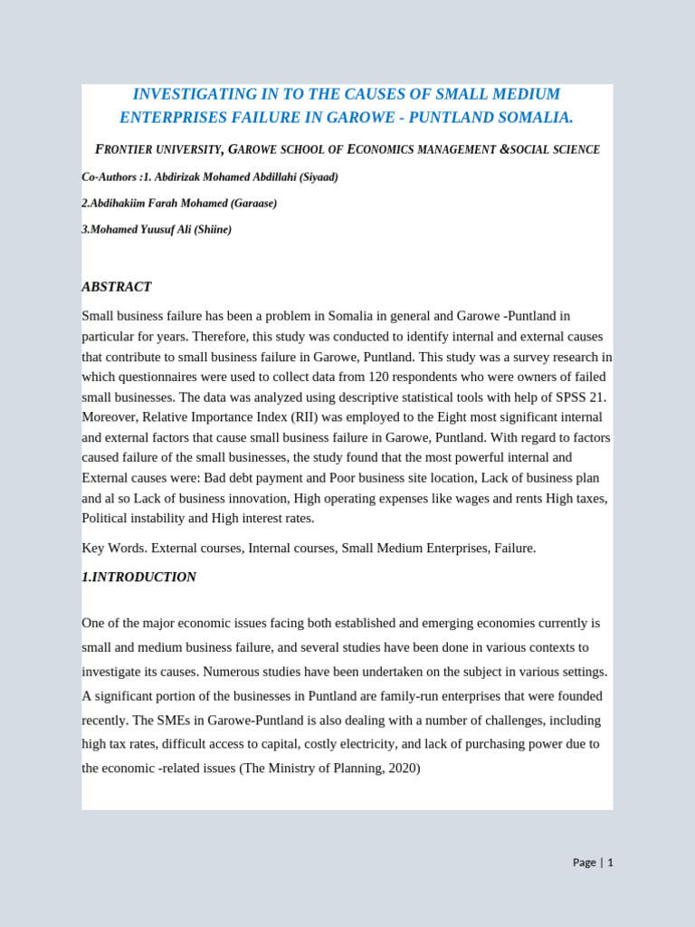 Article SMEs Failure in Garowe | PDF | Small And Medium Sized ...
