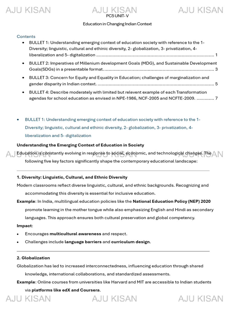 PC5 Unit-5 Education in Changing Indian Context - Watermark | PDF | Millennium Development Goals ...