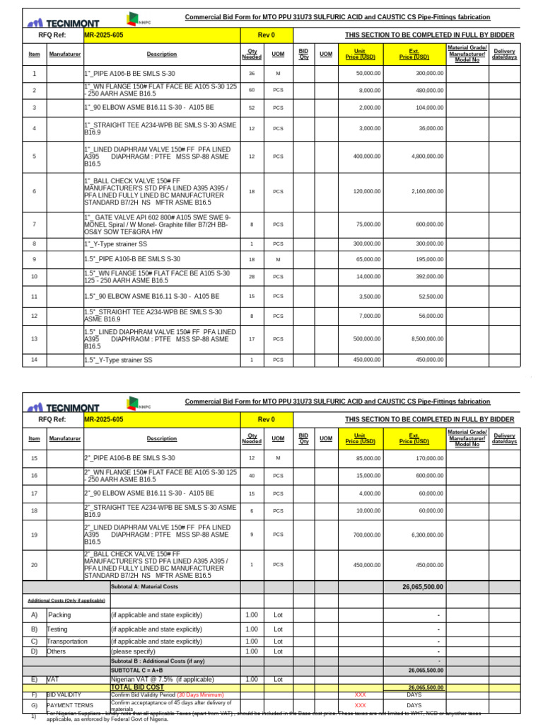 Commercial Bid Form For MR-2025-605 MTO PPU 31U73 SULFURIC ACID and CAUSTIC CS Pipe-Fittings ...