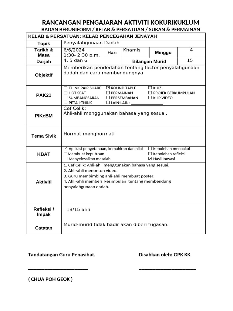 2.1rancangan Aktiviti Kokurikuklum Sekolah KPJ | PDF