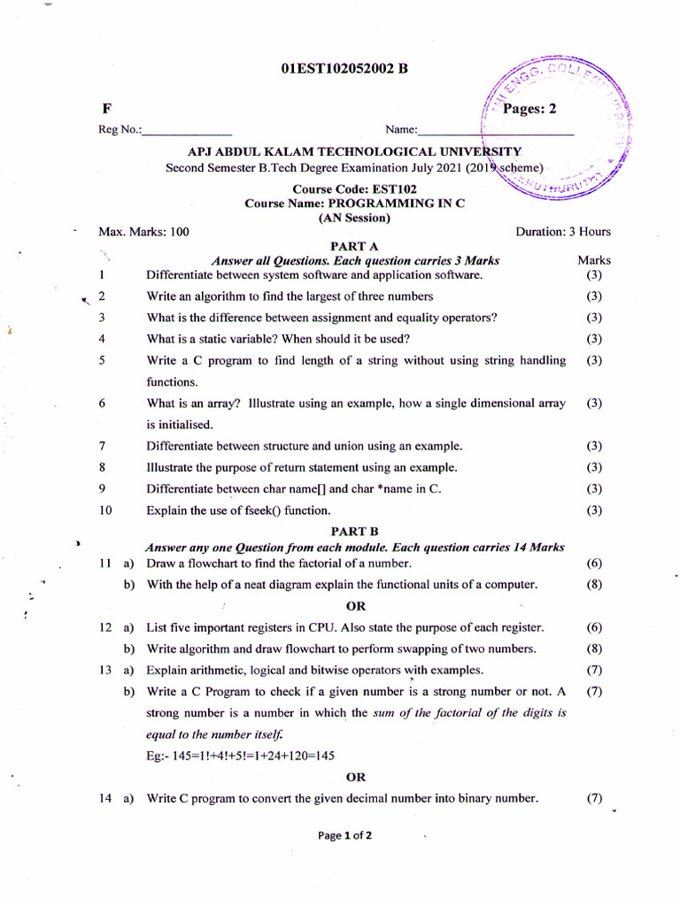 Est102 Programming in C (B), July 2021 | PDF | Function (Mathematics) | Numbers