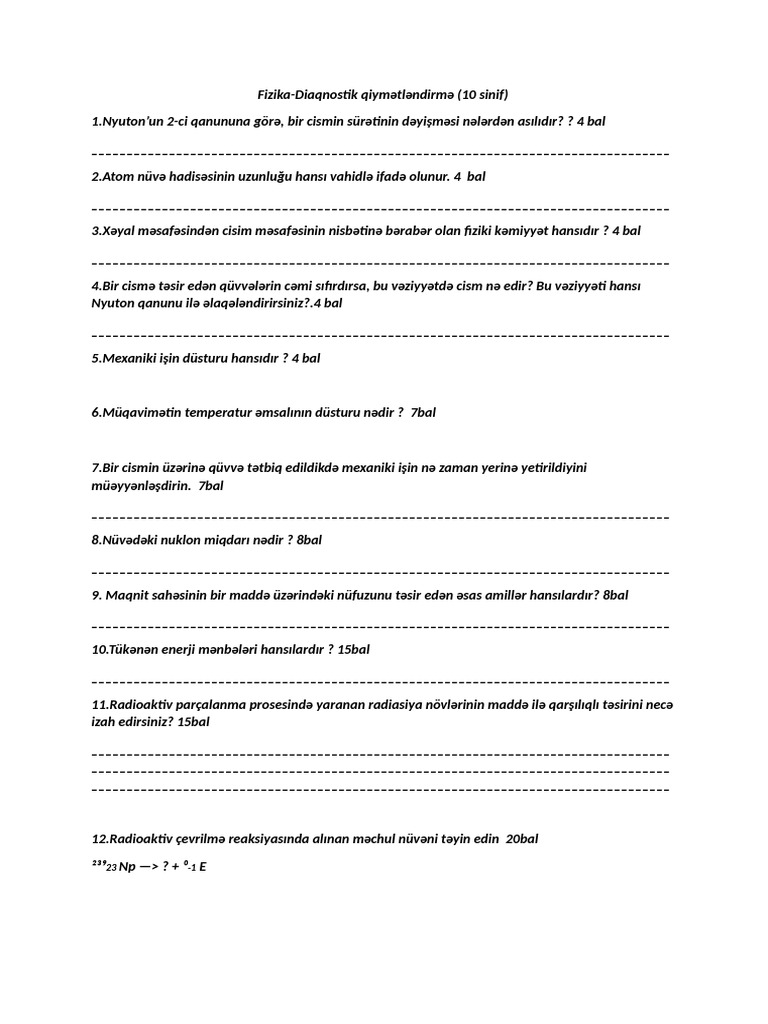 Fizika 10 Sinif Diaqnostik | PDF