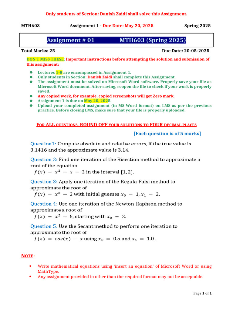 [Section Incharge - Danish Zaidi] - MTH603 - Assignment 1 - Spring 2025 - Word Version | PDF