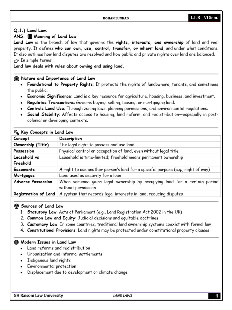 Land Law - Rohan Lunkad - LLB 6th Sem | PDF | Lease | Leasehold Estate
