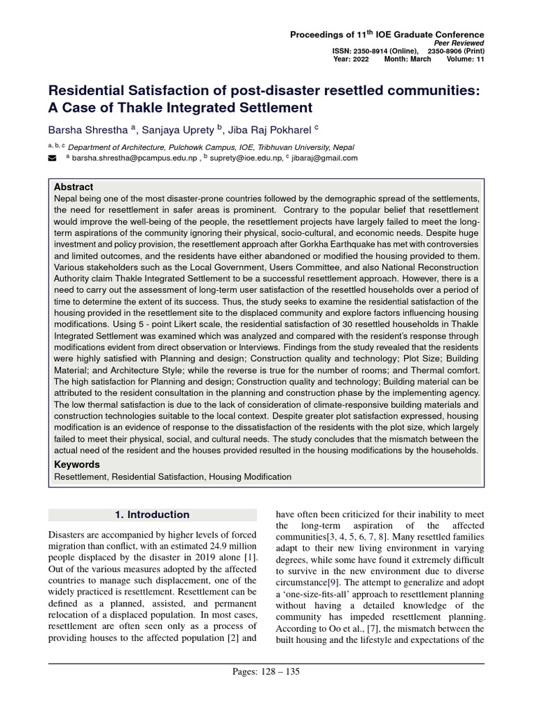 Residential Satisfaction of Post-Disaster Resettled Communities | PDF ...