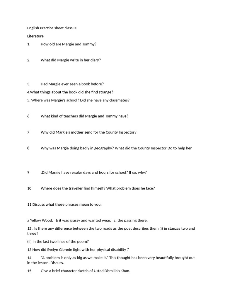English Class Ix Practice Sheet | PDF