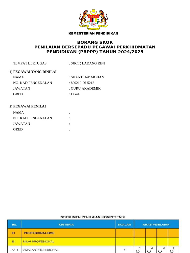 Borang Skor Markah Penilaian Bersepadu PBPPP 2024 | PDF